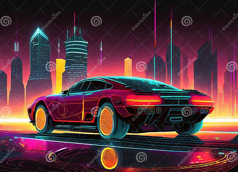 Futuristic Retro Wave Synth Wave Car. Neural Network Stock Illustration ...