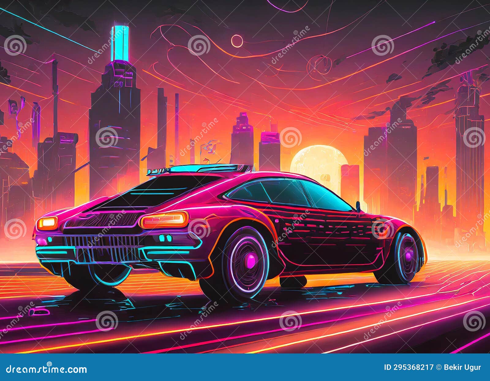 Futuristic Retro Wave Synth Wave Car. Neural Network Stock Illustration ...
