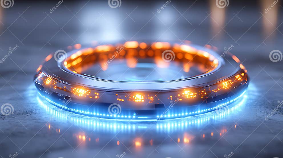 Futuristic Ring Glowing, City Backdrop, Technology Display Stock ...