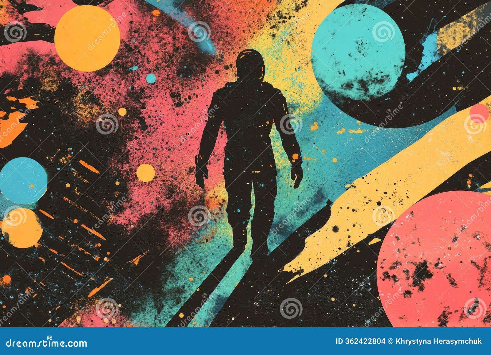 A Futuristic Risograph Sci-fi Poster with Exaggerated Figures, Grainy ...