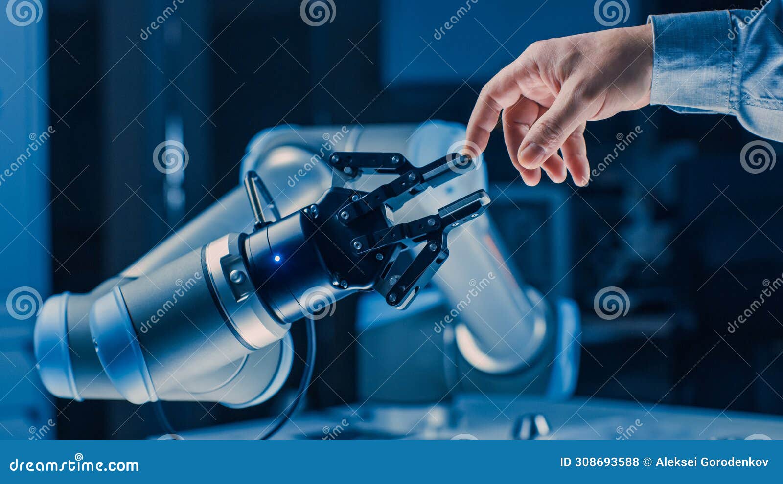 Futuristic Robot Arm Touches Human Hand in Humanity and Artificial ...