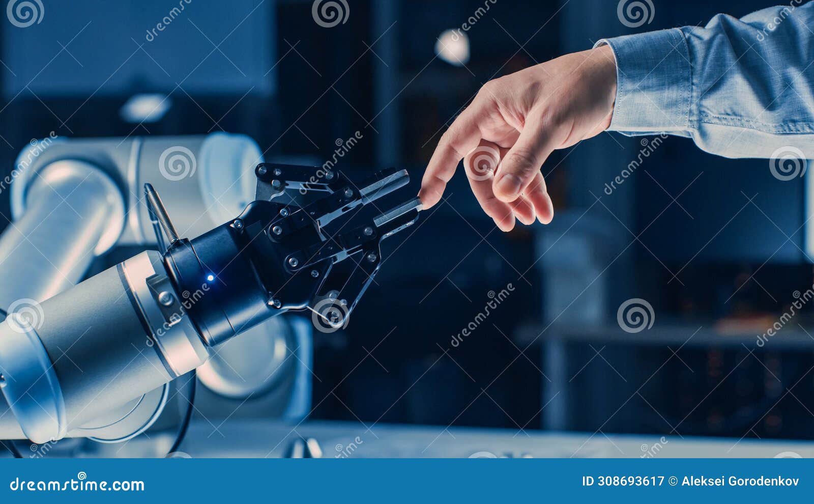 Futuristic Robot Arm Touches Human Hand in Humanity and Artificial ...