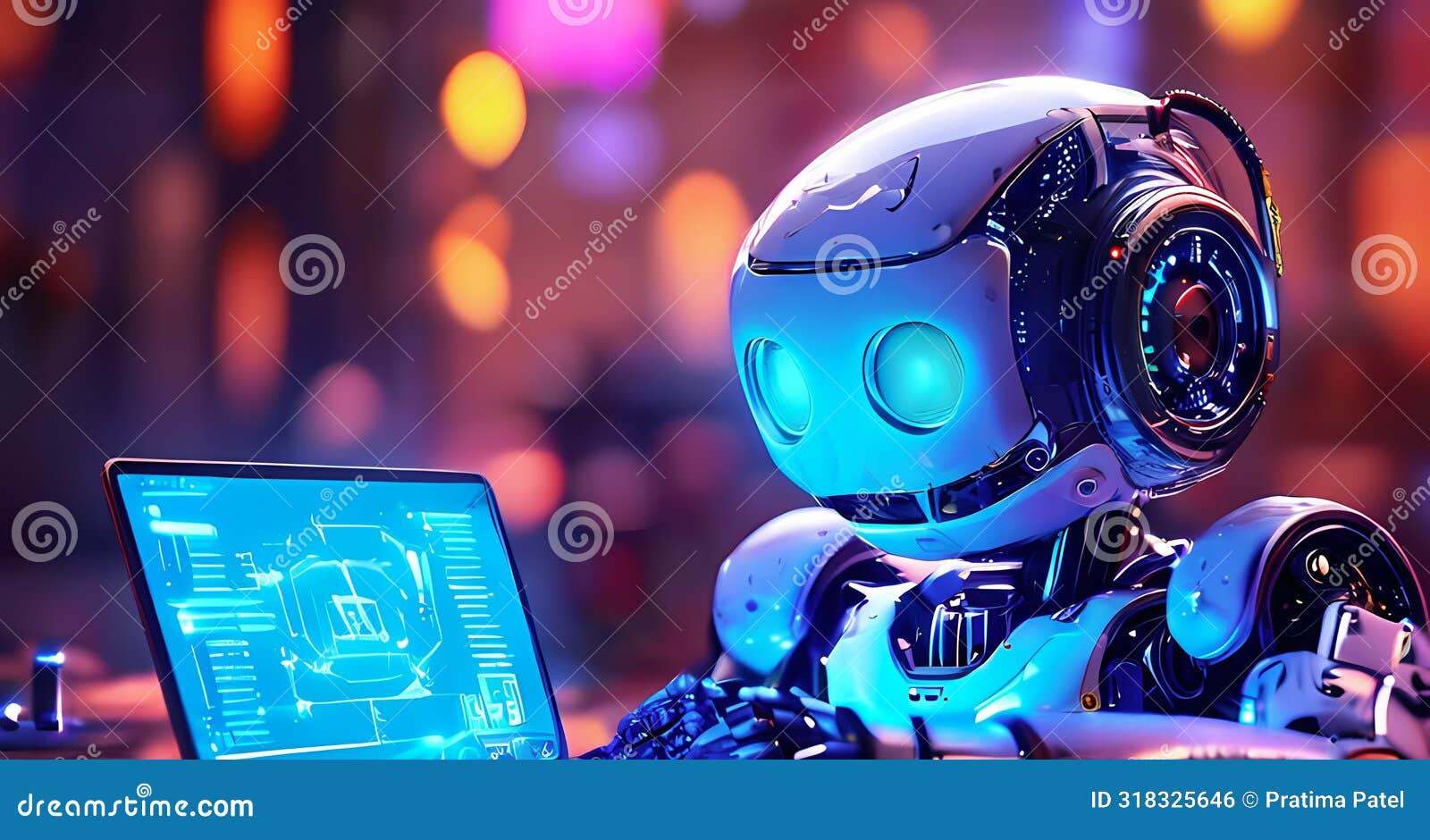 Futuristic Robot Assistance with Laptop Working Activity, Artificial Intelligence Technology ...