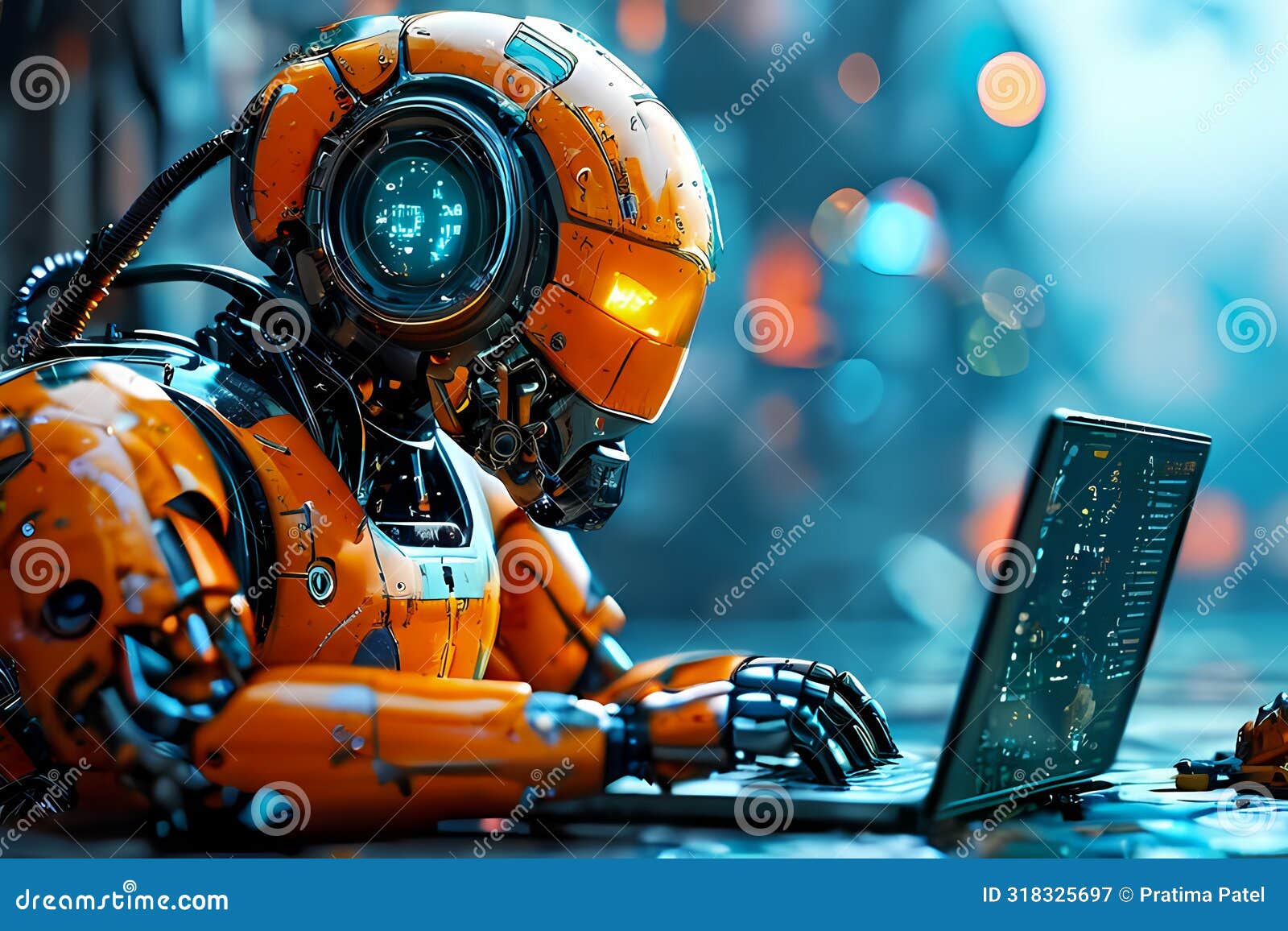 Futuristic Robot Assistance with Laptop Working Activity, Artificial Intelligence Technology ...