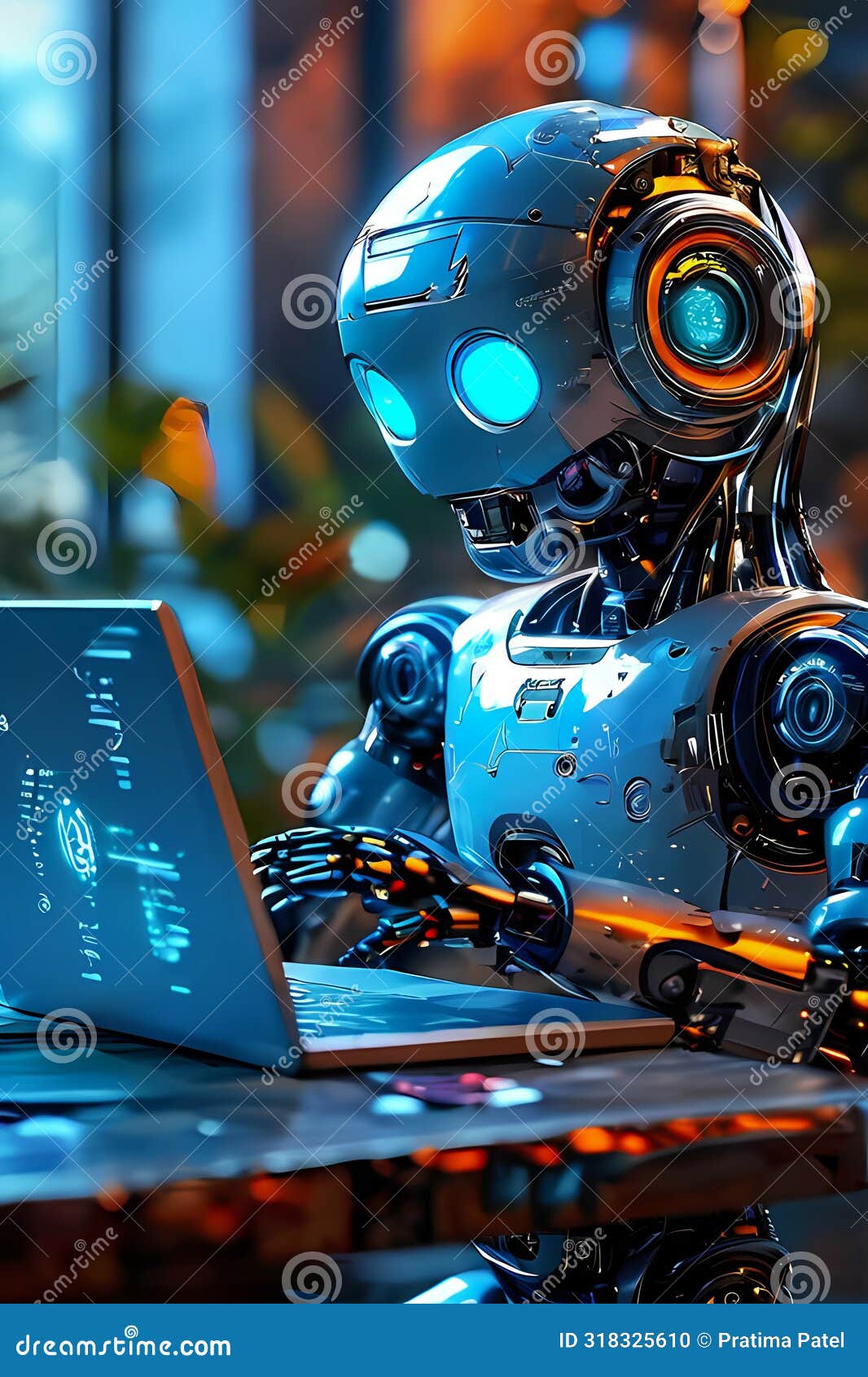 Futuristic Robot Assistance with Laptop Working Activity, Artificial Intelligence Technology ...