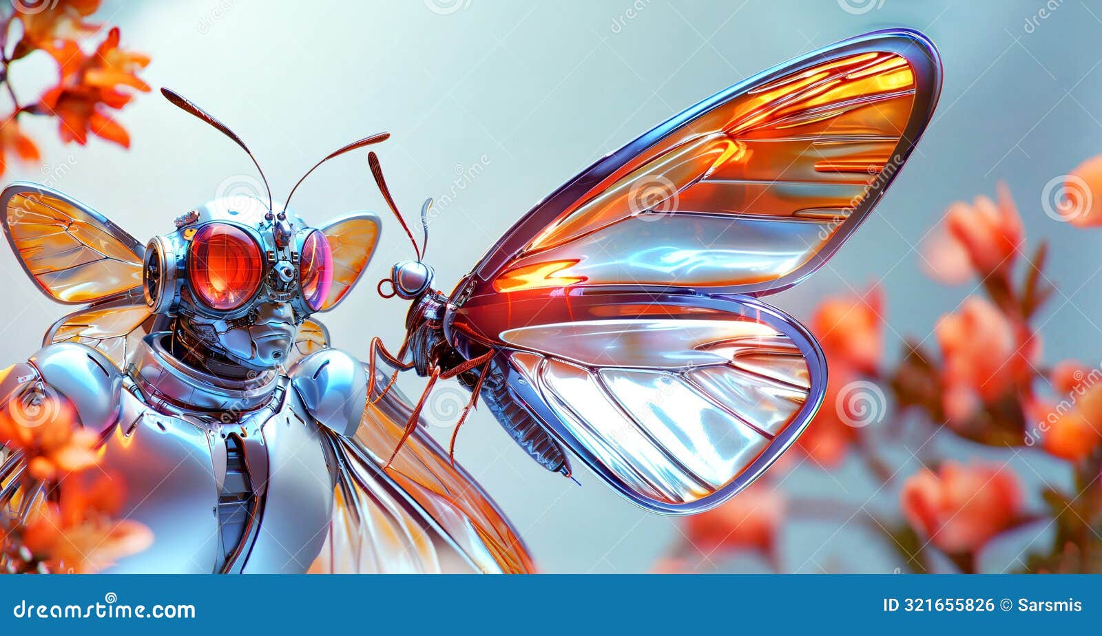 Futuristic Robot Butterfly in Nature Sci-Fi Insect and Blossoms. AI ...