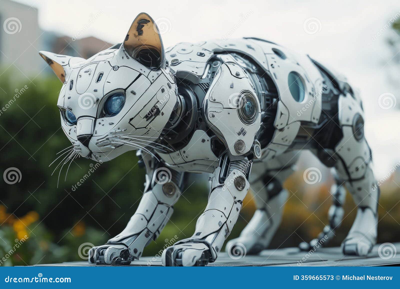Futuristic Robot Cat with Glowing Blue Eyes Exploring an Urban Park ...