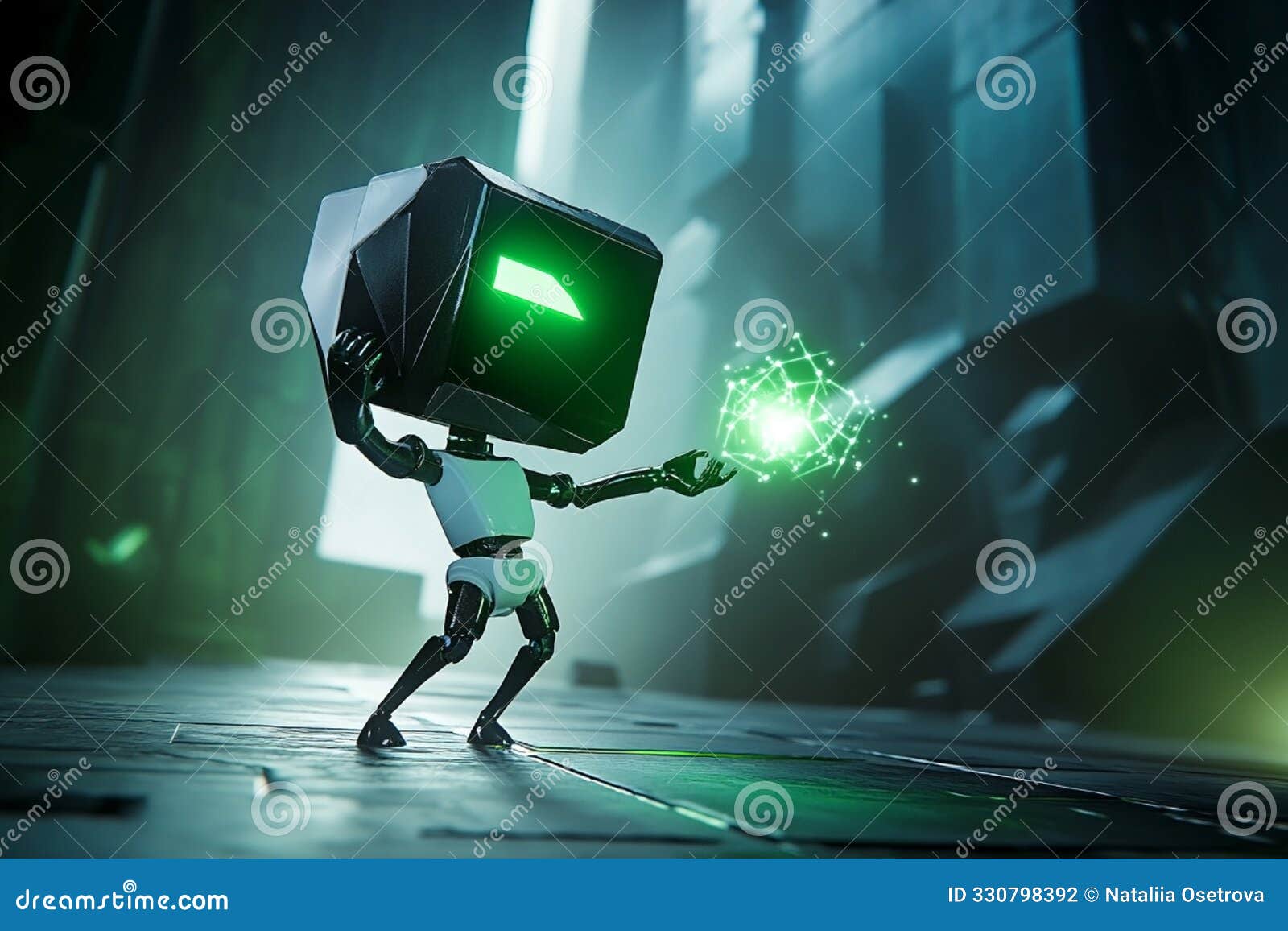 Futuristic Robot with a Cube-shaped Head Holding a Glowing Green Energy ...