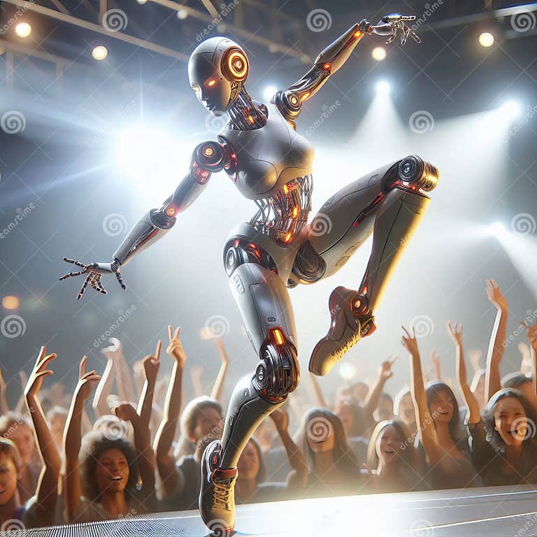 Futuristic Robot Dancing on Stage in Front of Cheering Crowd Stock ...