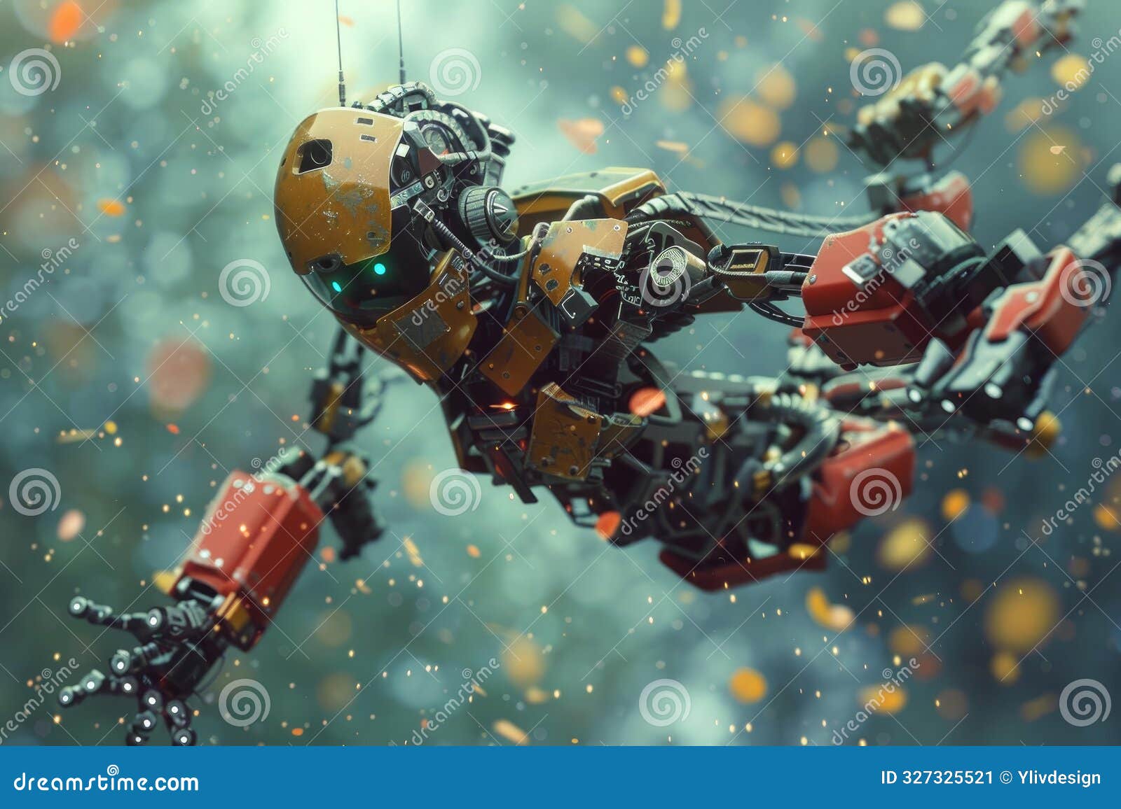 Futuristic Robot in Dynamic Pose Amidst Sparkling Particles Stock Image ...