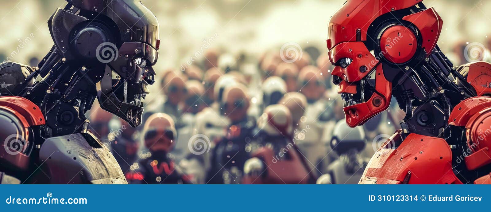Futuristic Robot Face-off in Dramatic Light Stock Photo - Image of ...