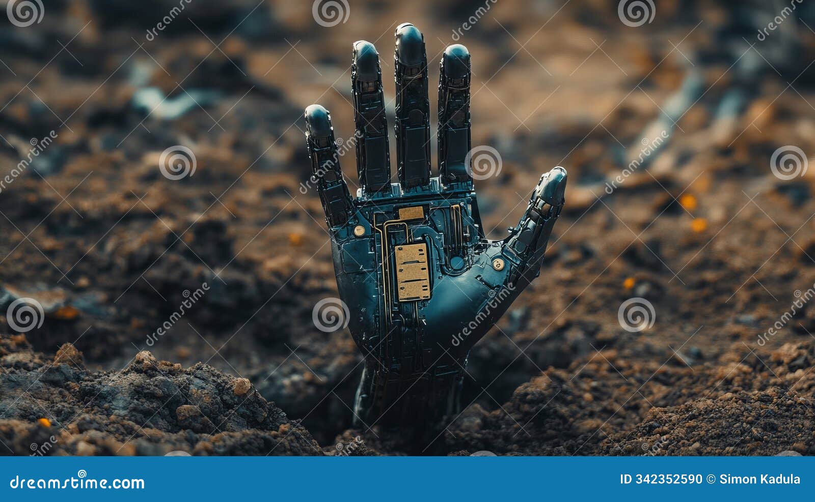 Robot Hand Emerging from Ground Asking for Help Stock Photo - Image of ...