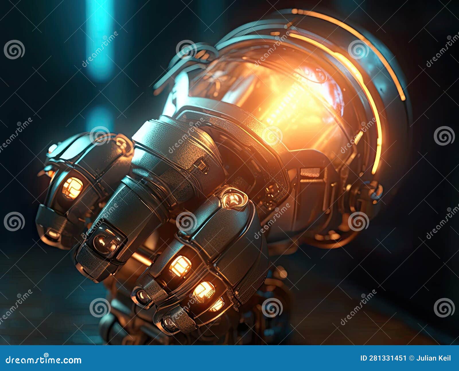 Futuristic Robot Hand Grips Glowing Orb Stock Illustration
