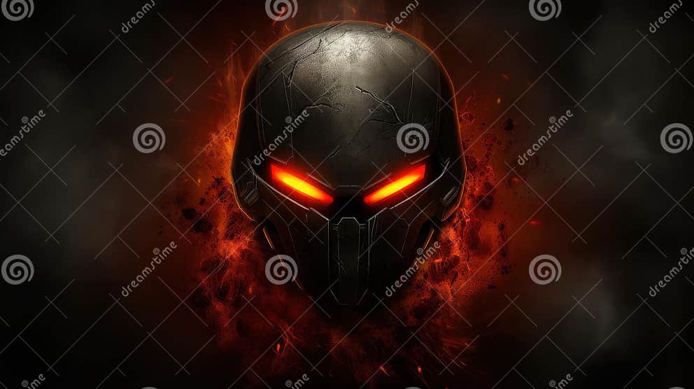 A Futuristic Robot Head Engulfed in Flames, Featuring a Red Brain and a ...