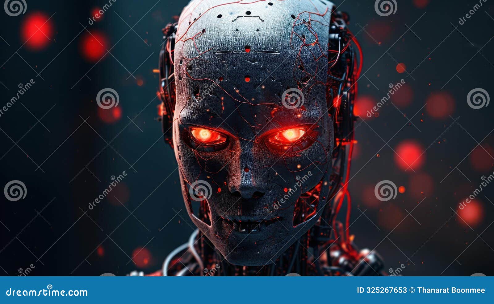 A Futuristic Robot Head Engulfed in Flames, Featuring a Red Brain and a ...