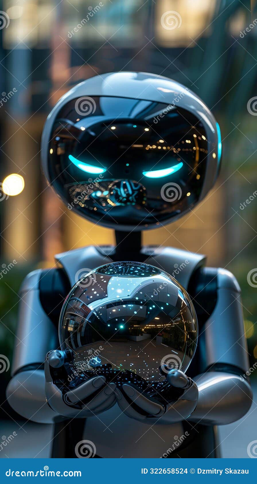 A Futuristic Robot Holds a Reflective Sphere in Its Hands Stock Photo ...