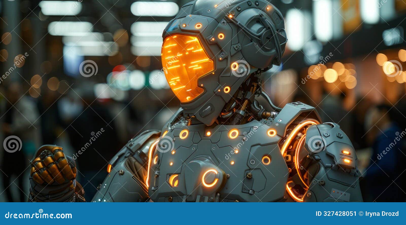Futuristic Robot with Illuminated Orange Visor and Mechanical Details ...
