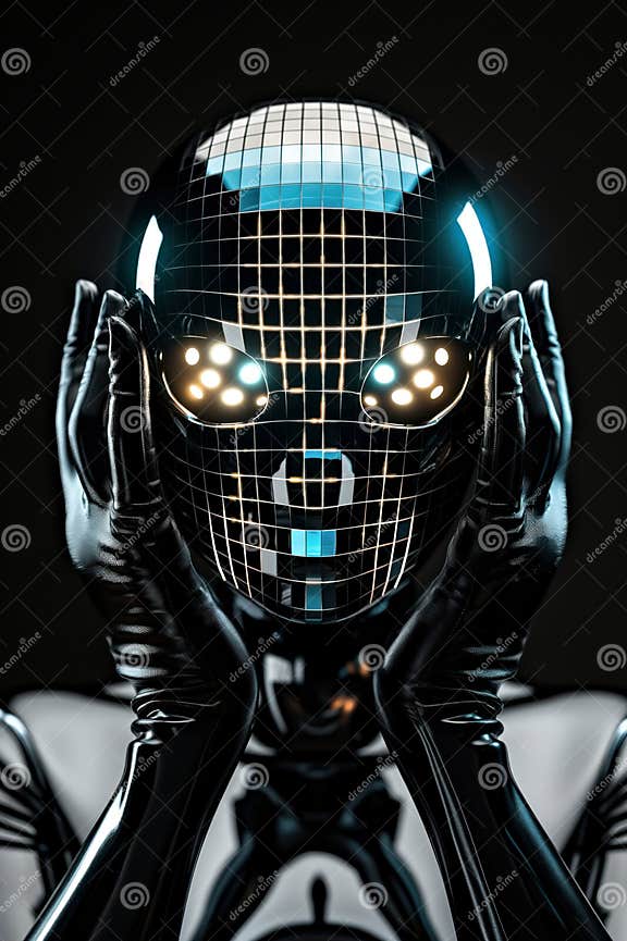 Futuristic Robot with LED Mask and Reflective Surface in Techno Dance ...
