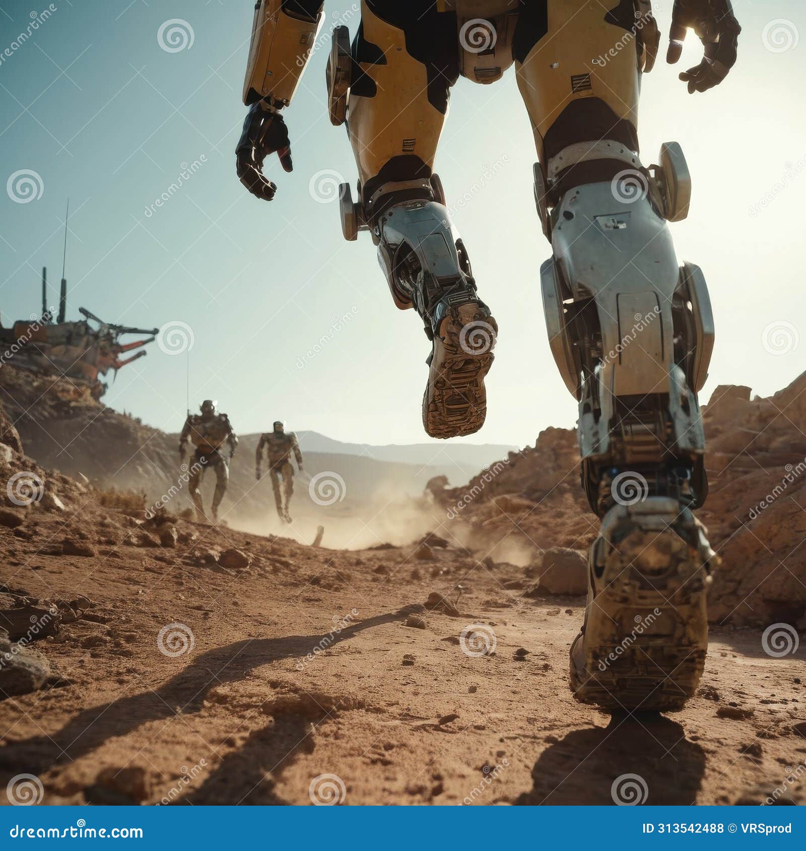 Futuristic Robot March in Desolate Terrain Stock Photo - Image of ...
