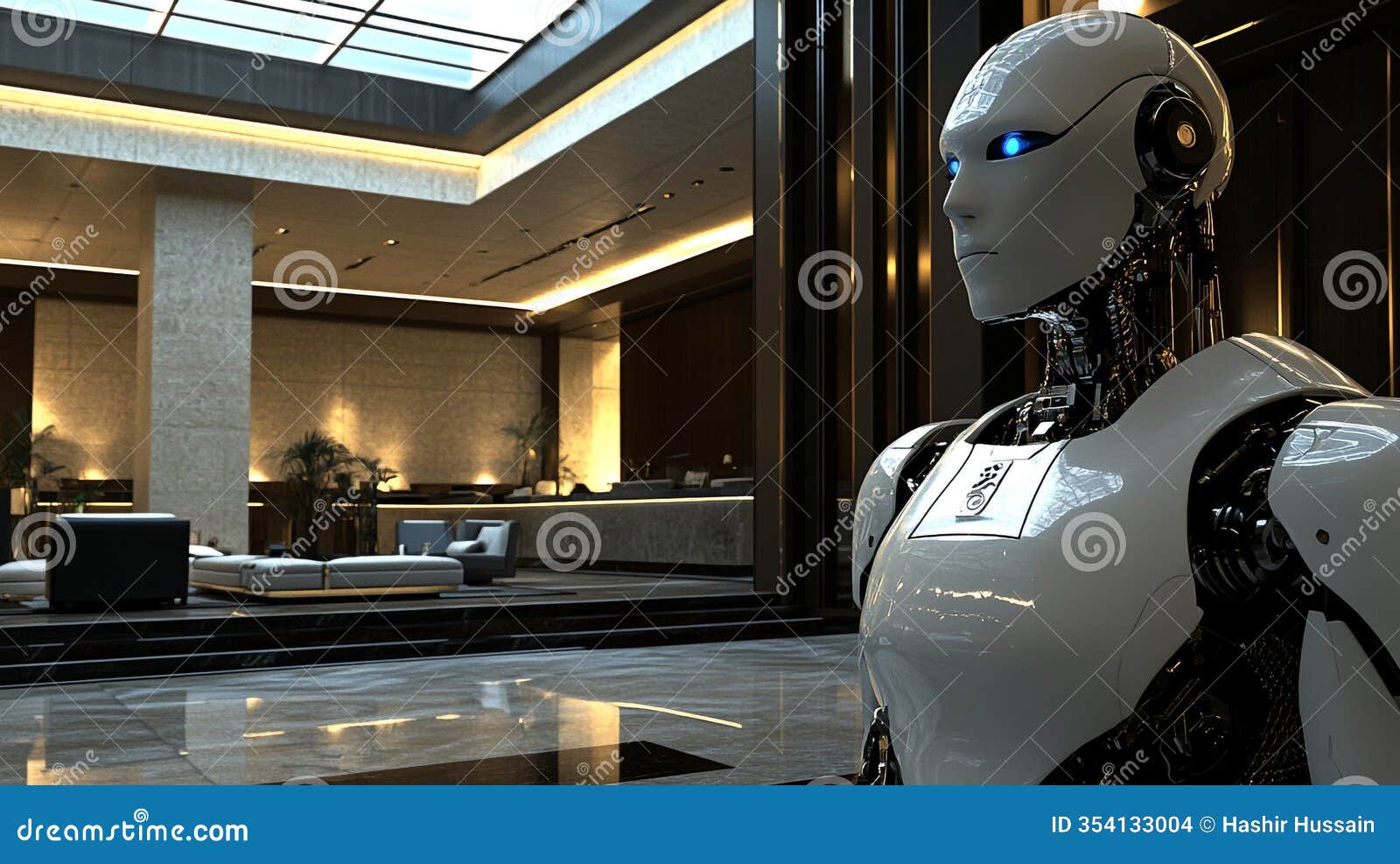 Futuristic Robot in Modern Lobby Interior Stock Photo - Image of future ...