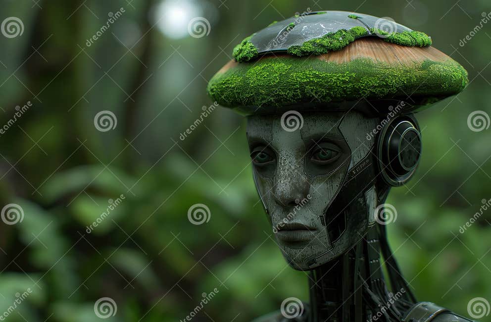 Futuristic Robot with Moss-covered Head in Lush Forest Stock ...