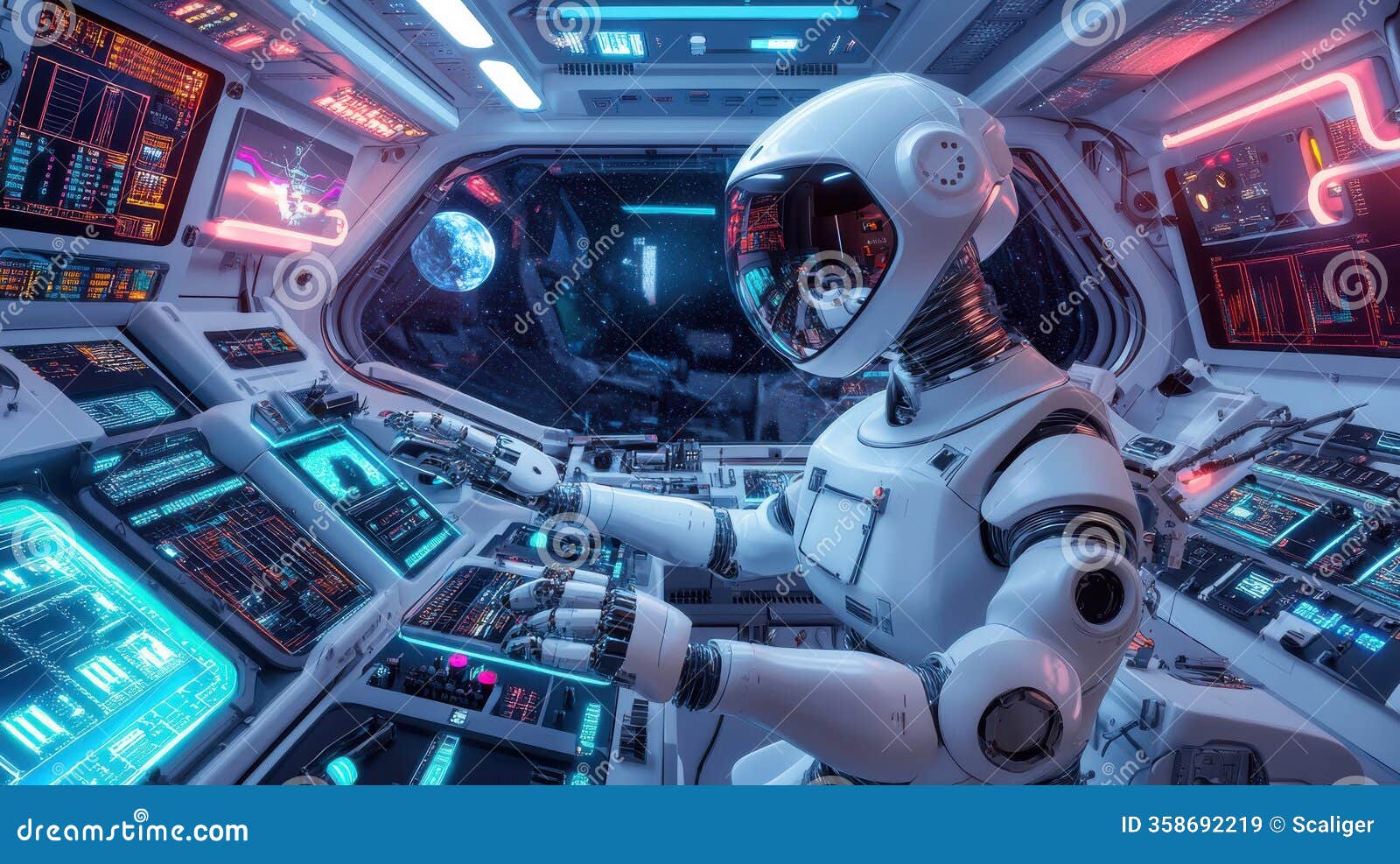 Robot In Outer Space. Cyborg Closeup Portrait. Fictional Creature ...