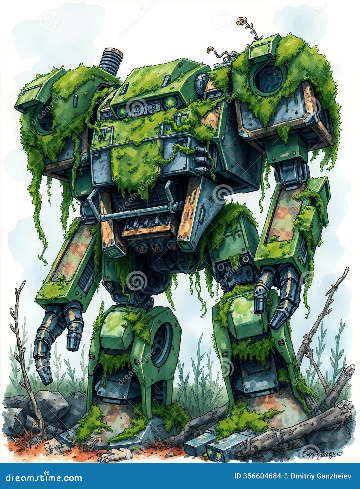 Futuristic Robot Overrun by Nature Stock Illustration - Illustration of ...