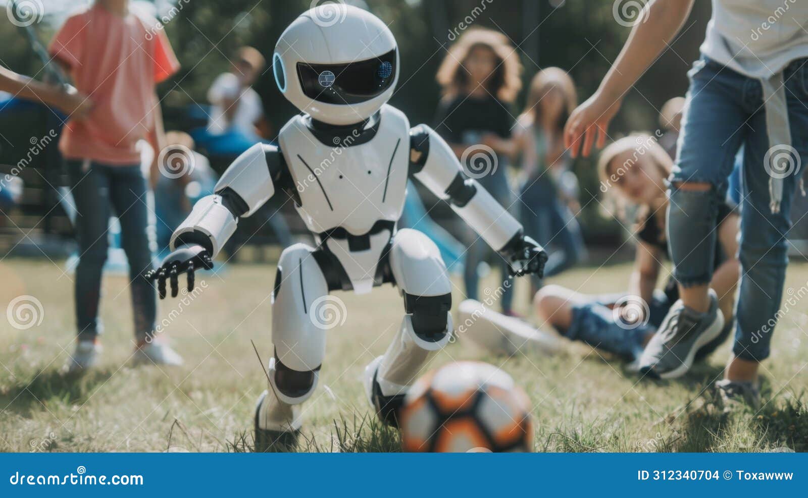 Futuristic Robot Playing Soccer with Kids in a Sunny Park Stock Photo ...