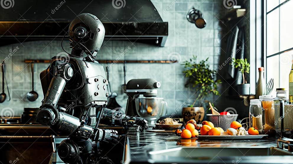 Cyborg Chef Cooking in Kitchen Stock Photo - Image of humanoid, robotic ...