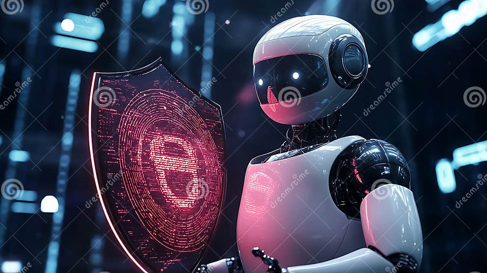 Futuristic Robot Protector Embracing Digital Security with Shield and Advanced Technology ...