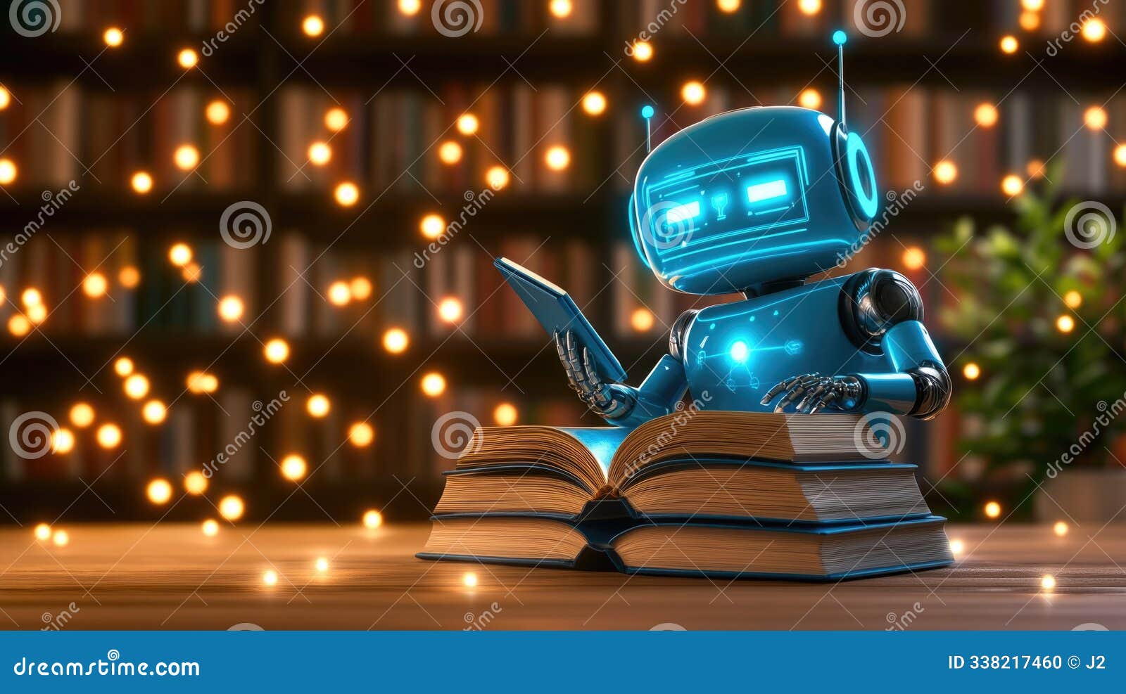 Futuristic Robot Reading a Book in Dimly Lit Library with Digital Glow ...