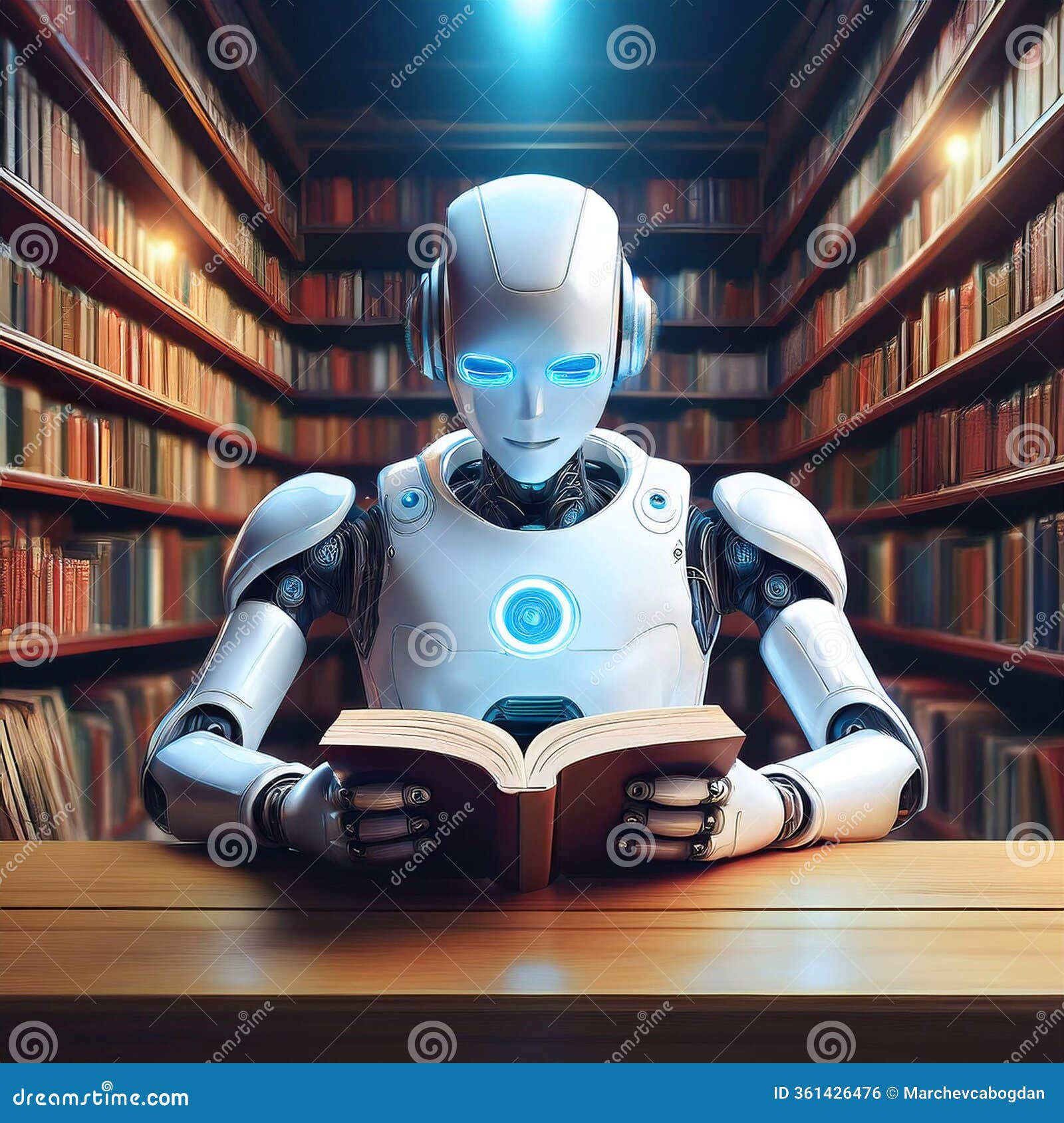 Futuristic Robot Reading Book in Modern Library Setting. AI Content ...