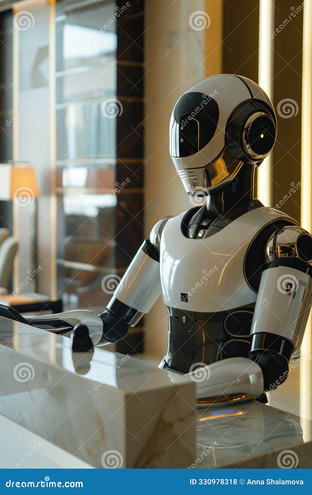 Futuristic Robot Receptionist at a Modern, High-tech Hotel Front Desk ...