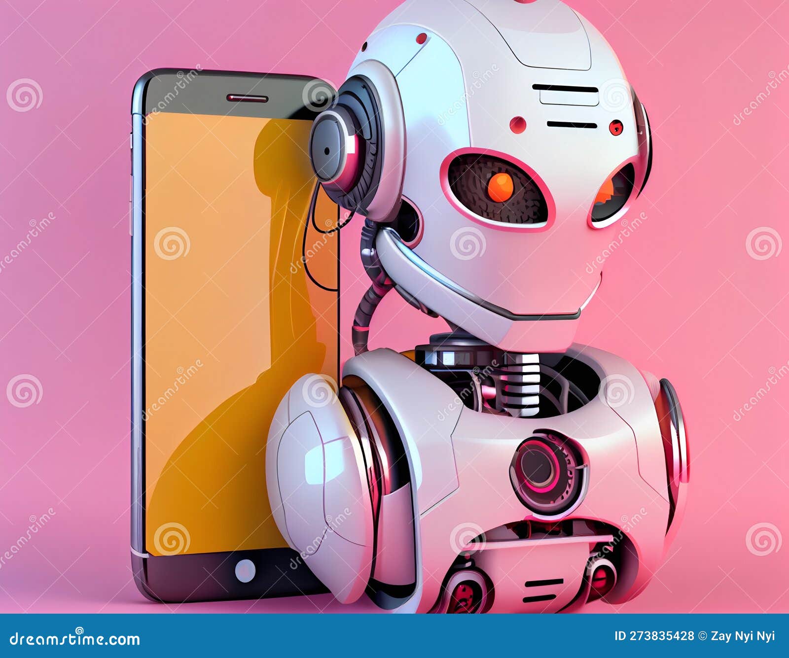 Robot beside the Screen of Smartphone. Concept of Chatbot with ...