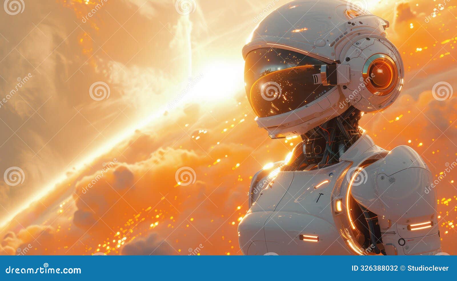 Futuristic Robot in Space Suit with Fiery Sky - Generative Ai Stock ...