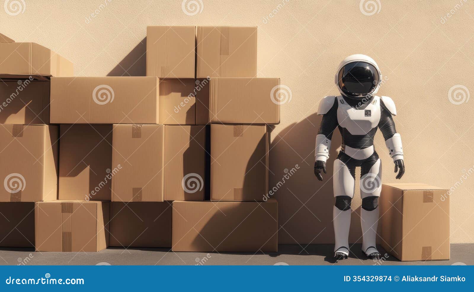 Futuristic Robot in a Space Suit beside Stacked Cardboard Boxes Stock ...