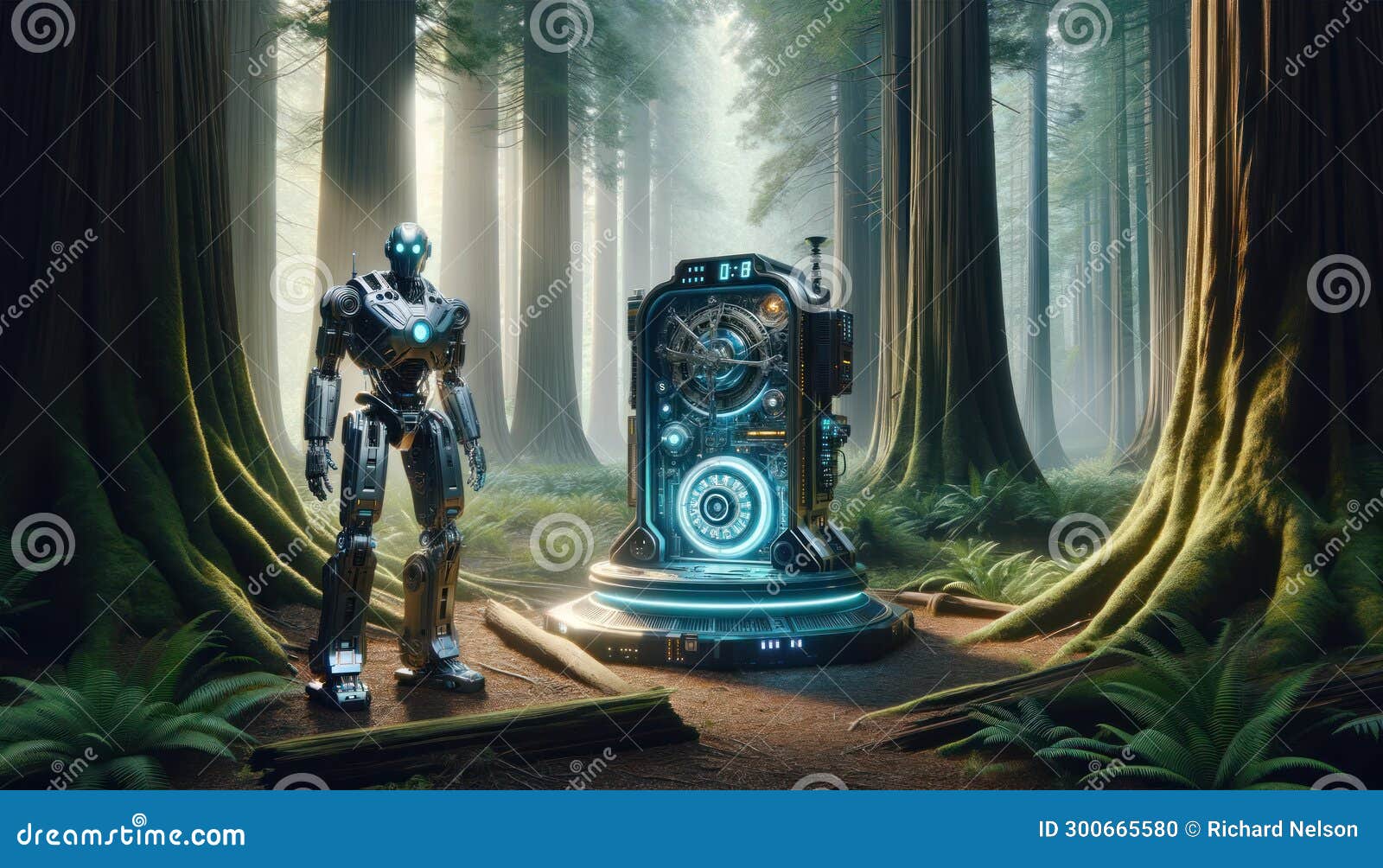 Robot with Time Machine in Forest Stock Illustration - Illustration of ...