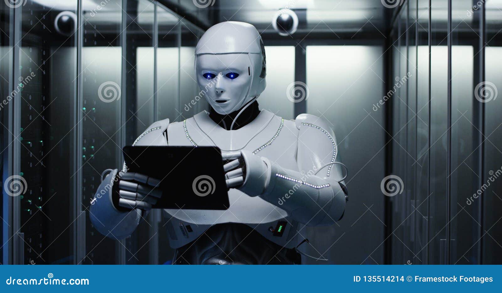 Futuristic Robot with Tablet in Server Room Stock Illustration ...