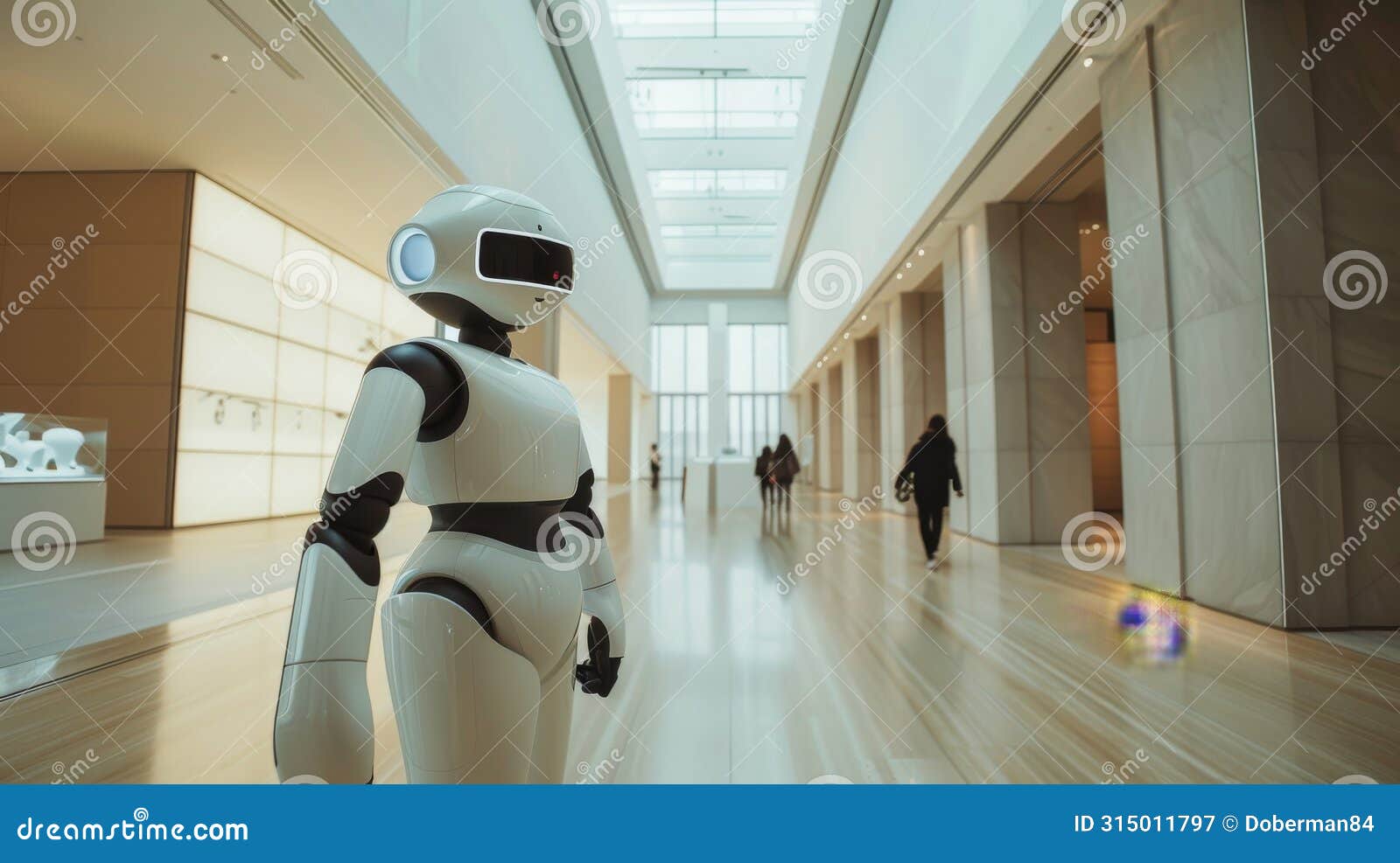 Futuristic Robot Tour Guide in a Modern Museum with Visitors Stock ...