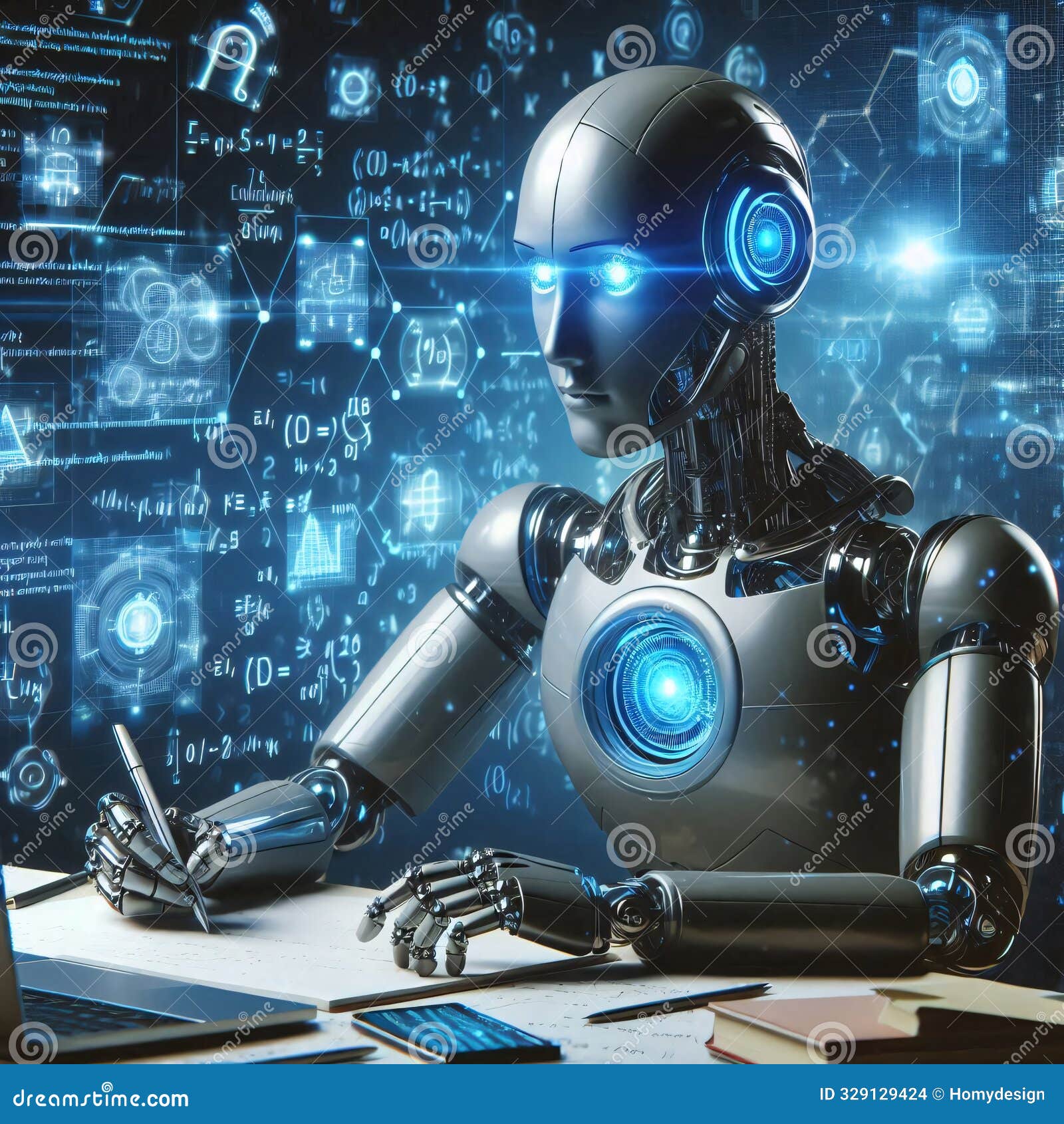 Futuristic Robot Using Computer To Code in a High-tech Environment ...