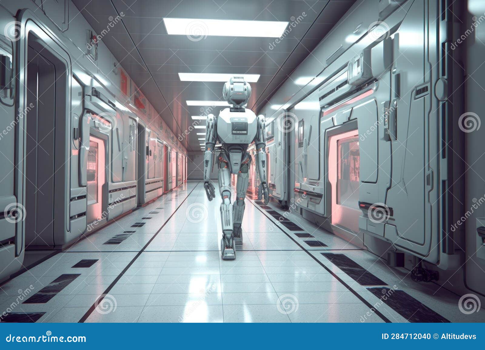 Futuristic Robot Walking Down a High-tech Corridor Stock Photo - Image ...