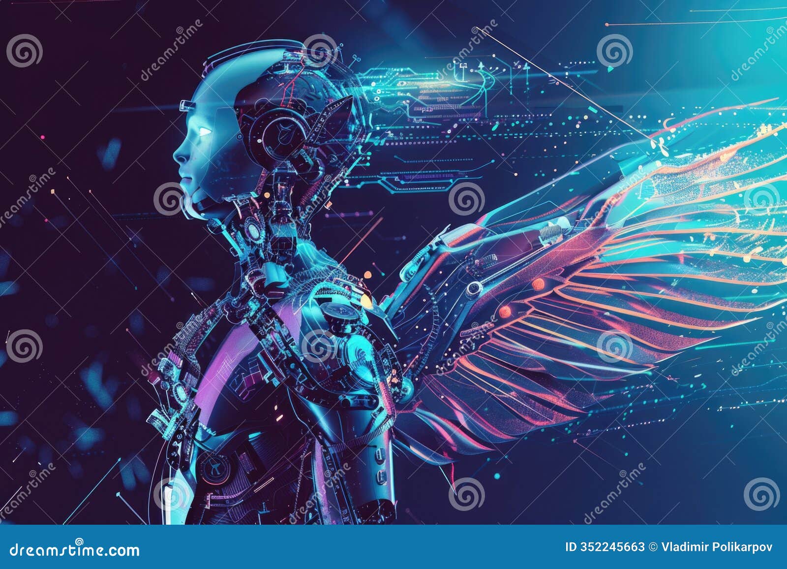 A Futuristic Robot with Wings on a Dark, Mysterious Background. Ideal ...