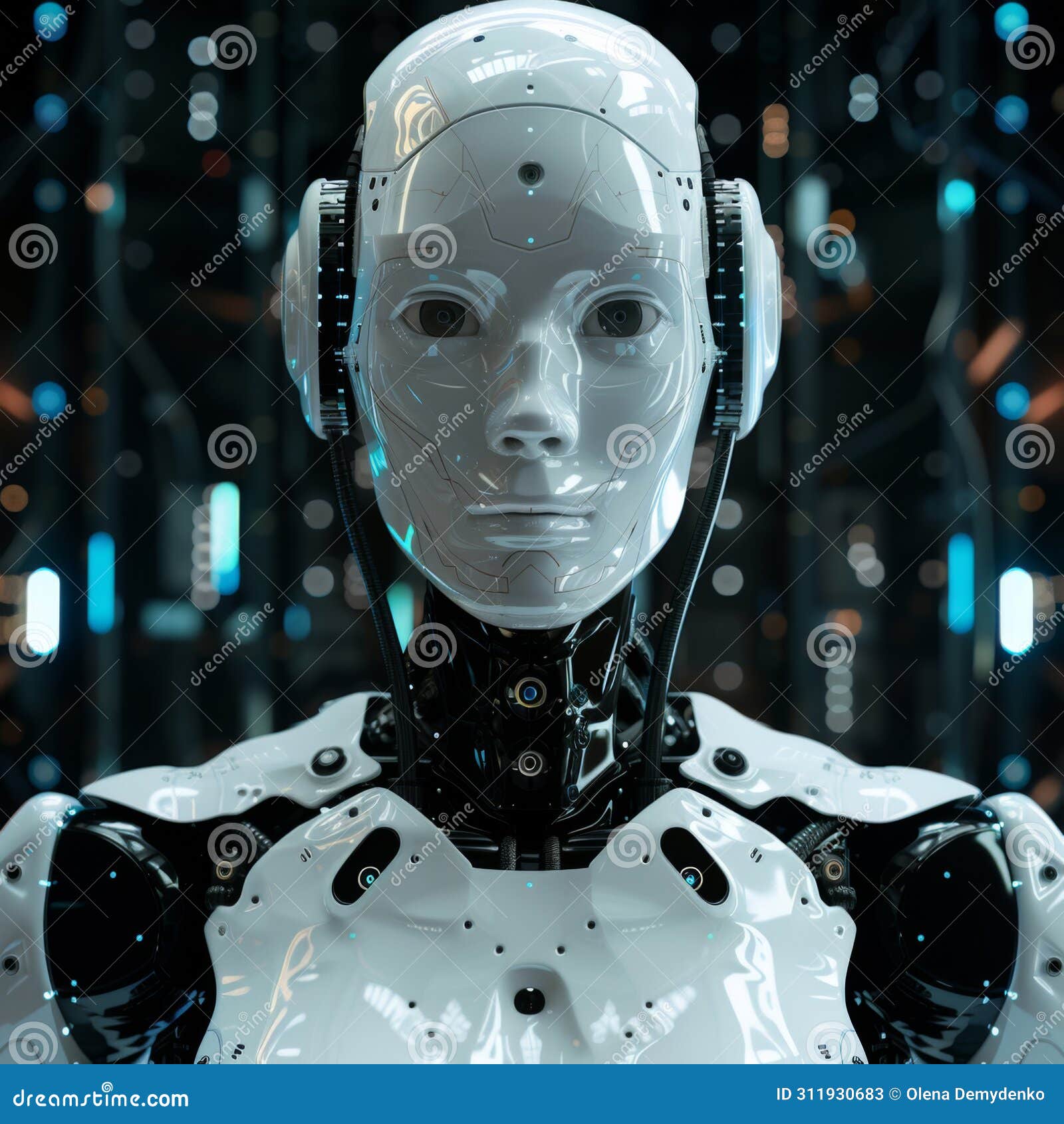 Futuristic Robot Woman with Black Visor on Glowing White Background ...