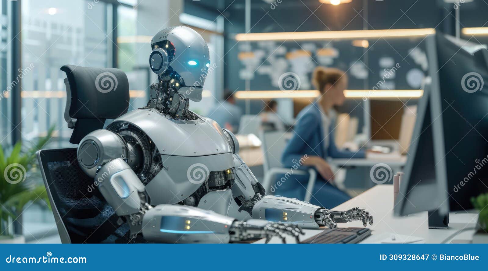 Futuristic Robot Working Alongside Humans in Office AIG41 Stock Image ...