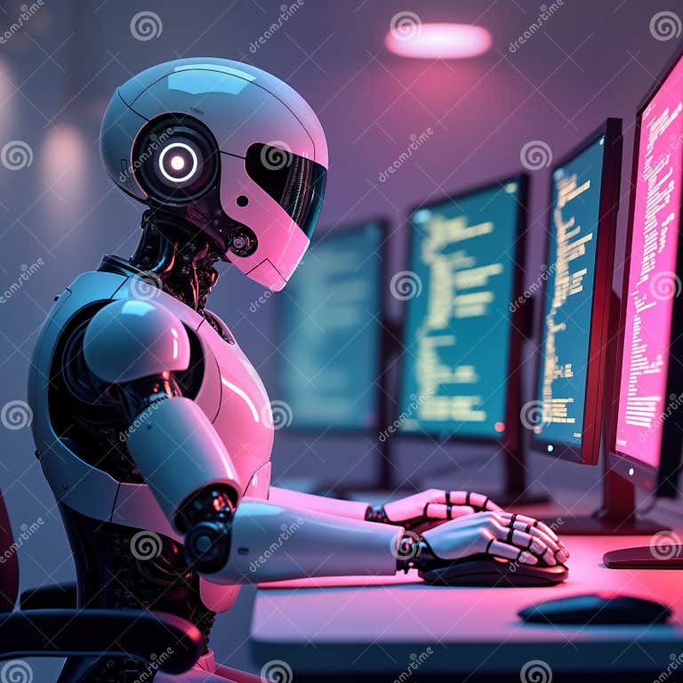 Futuristic Robot Works at Computer. White Robot Sits at Illuminated ...