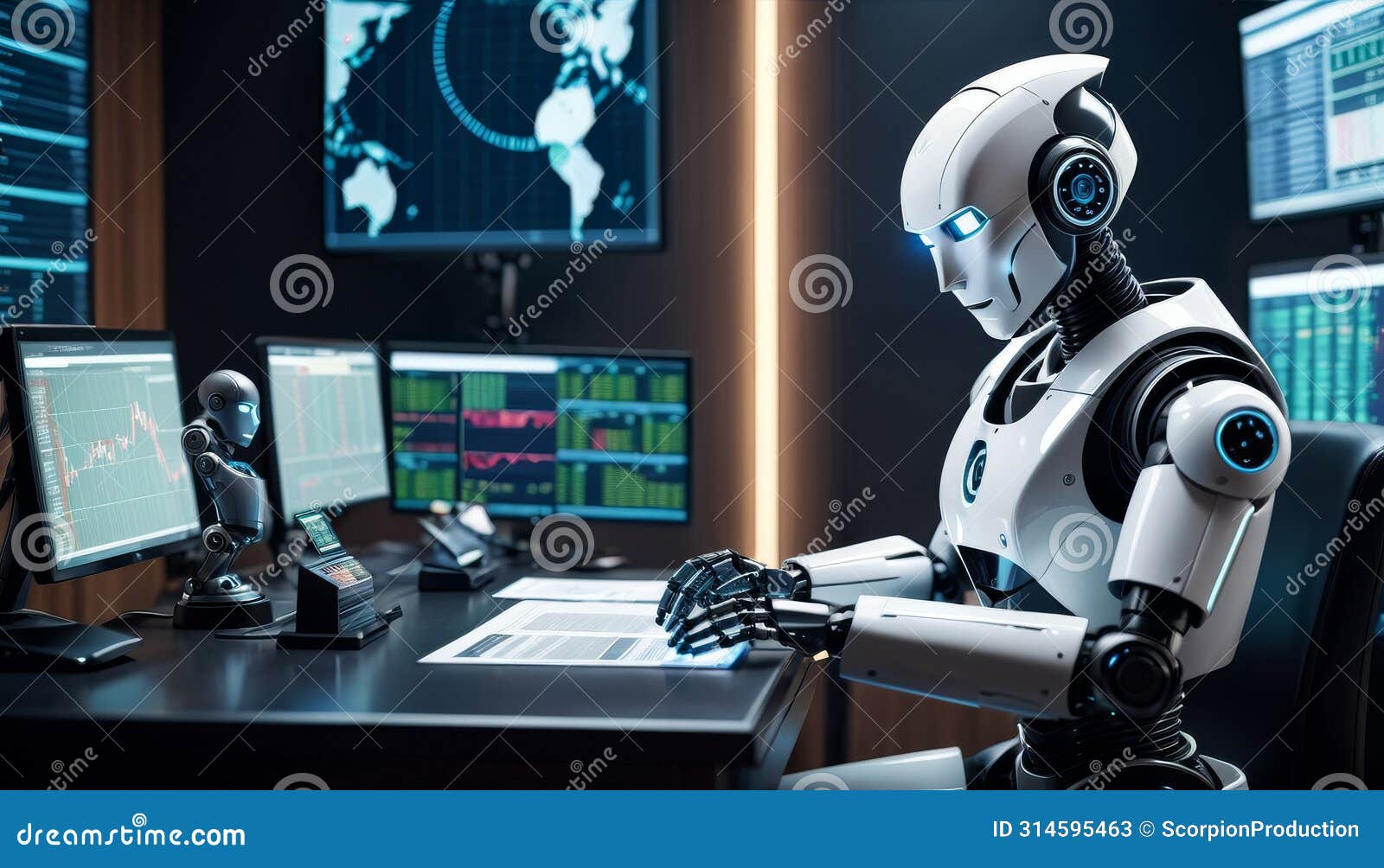 Futuristic Robot at Workstation Stock Image - Image of technology ...