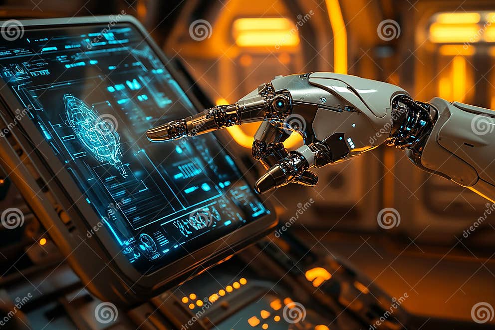 Futuristic Robotic Arm Gently Interacting with a Futuristic Touchscreen ...