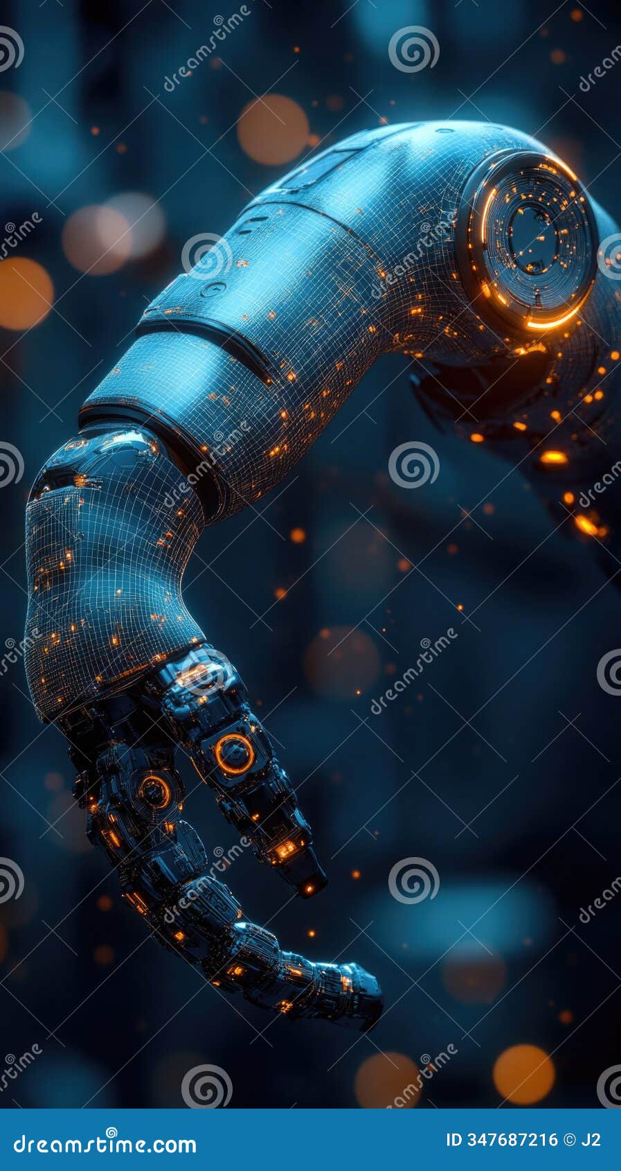 Futuristic Robotic Arm with Glowing Circuits in a Dark Environment ...