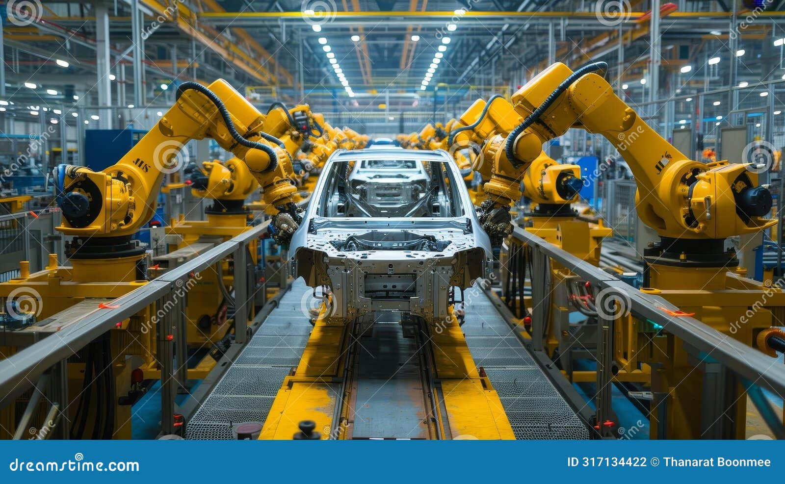 Futuristic Robotic Assembly Line Hums In Automotive Factory, Depicting ... Futuristic Robotic Assembly Line Hums In Automotive Factory, Depicting ...