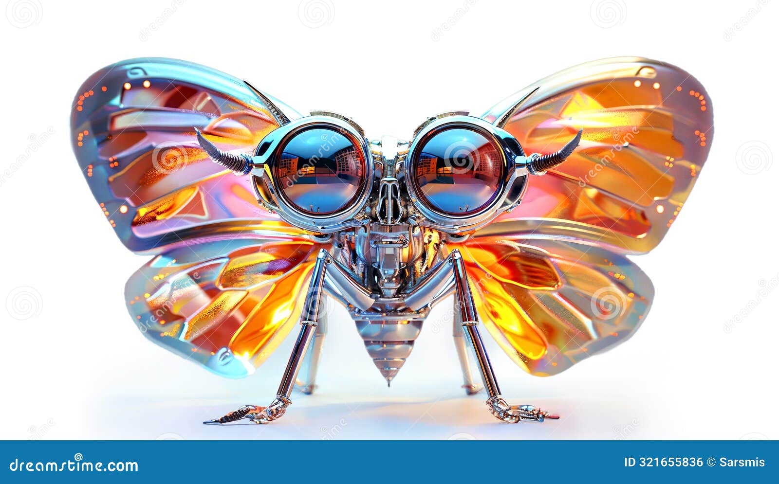 Futuristic Robotic Butterfly with Metallic Wings and Reflective Glasses ...